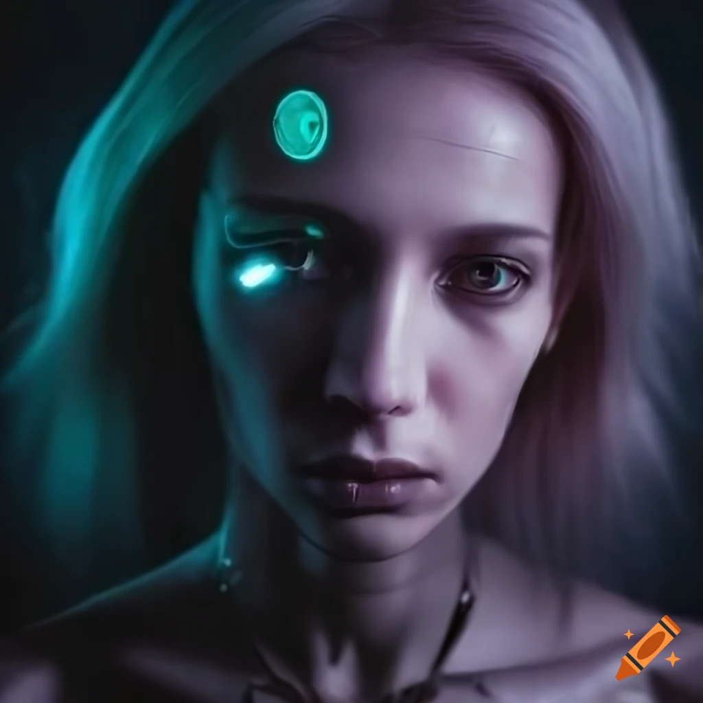 Female cyborg goddess in a dark cyberpunk cityscape on Craiyon