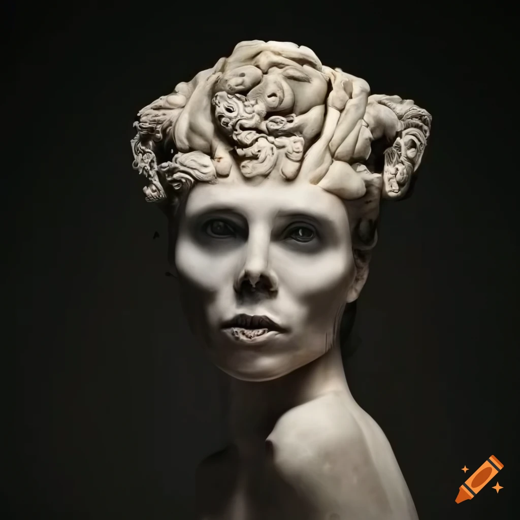 Mayan-style marble skeleton sculpture of noahs ark in chiaroscuro style ...