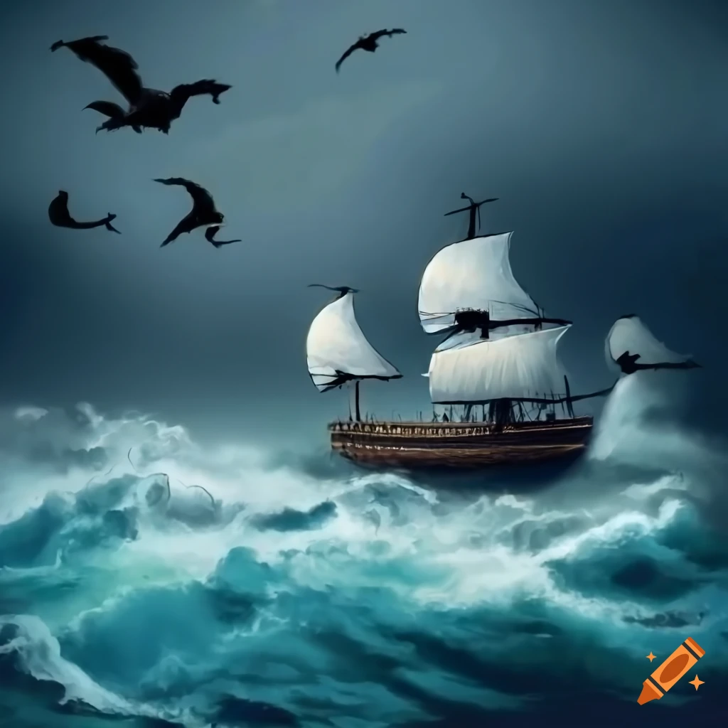 Pirate ship sailing in stormy seas with birds flying overhead on Craiyon