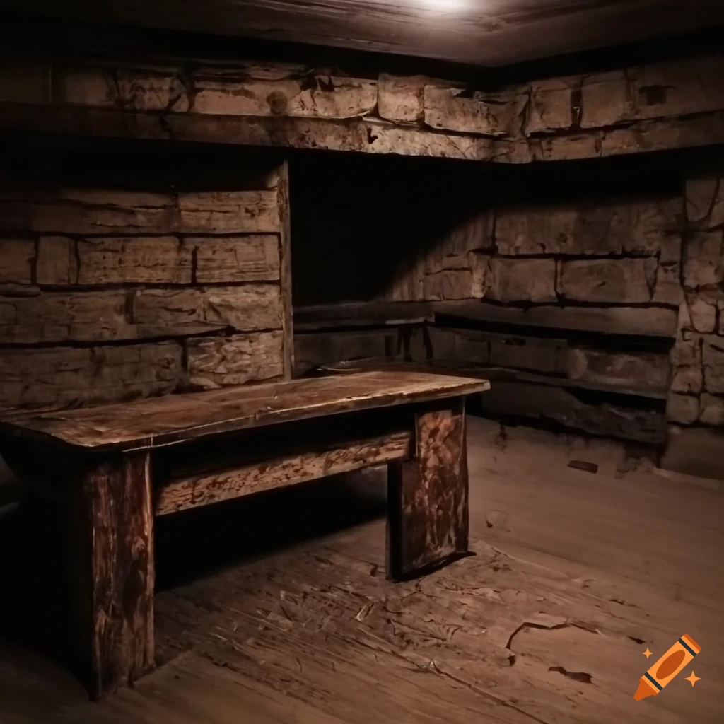 Old dimly-lit basement with a large wooden table on Craiyon