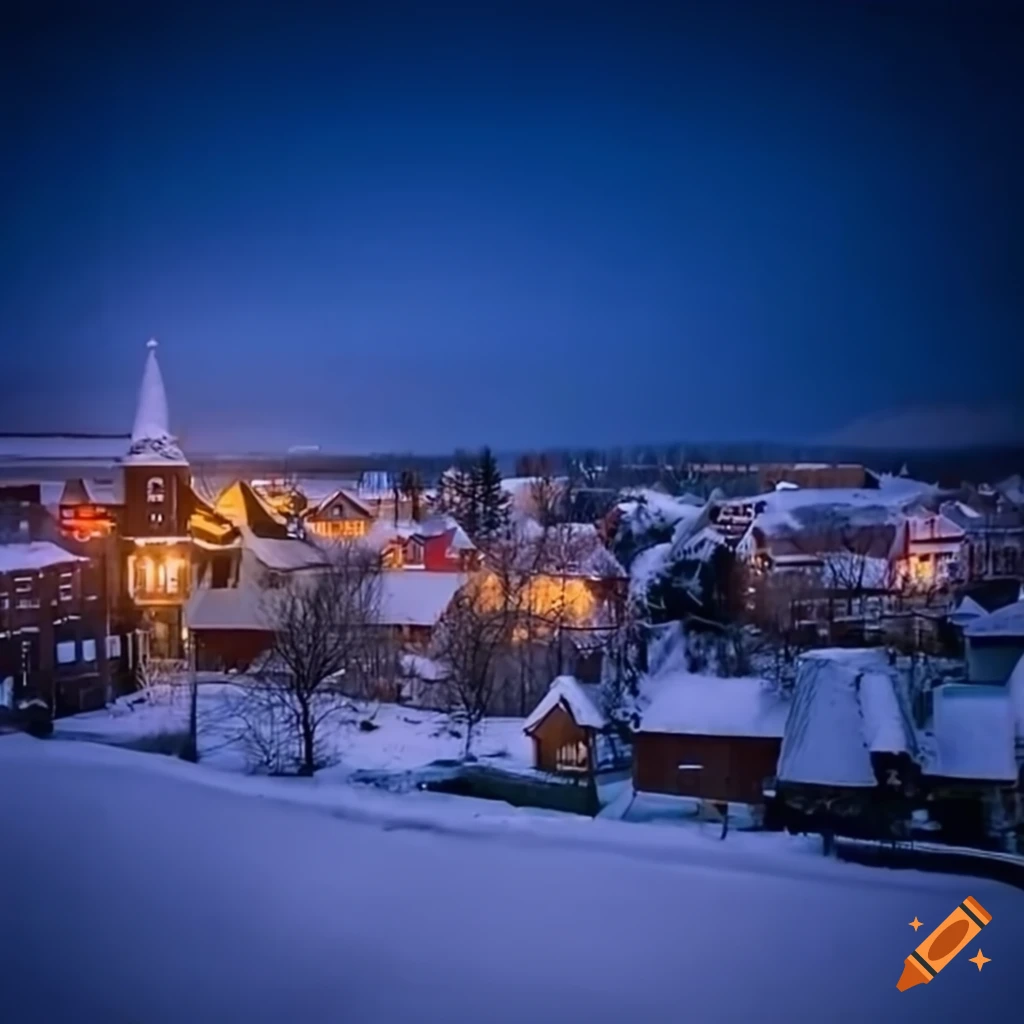 Small canadian town covered in snow at night on Craiyon