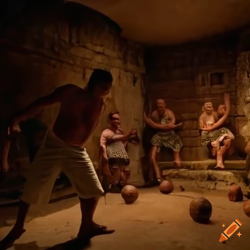 Detailed depiction of an ancient Mayan ball game being played at a ...