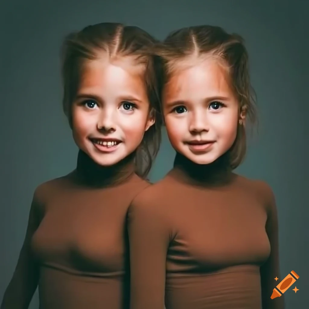 Two cute tween twin sisters in brown turtlenecks on Craiyon