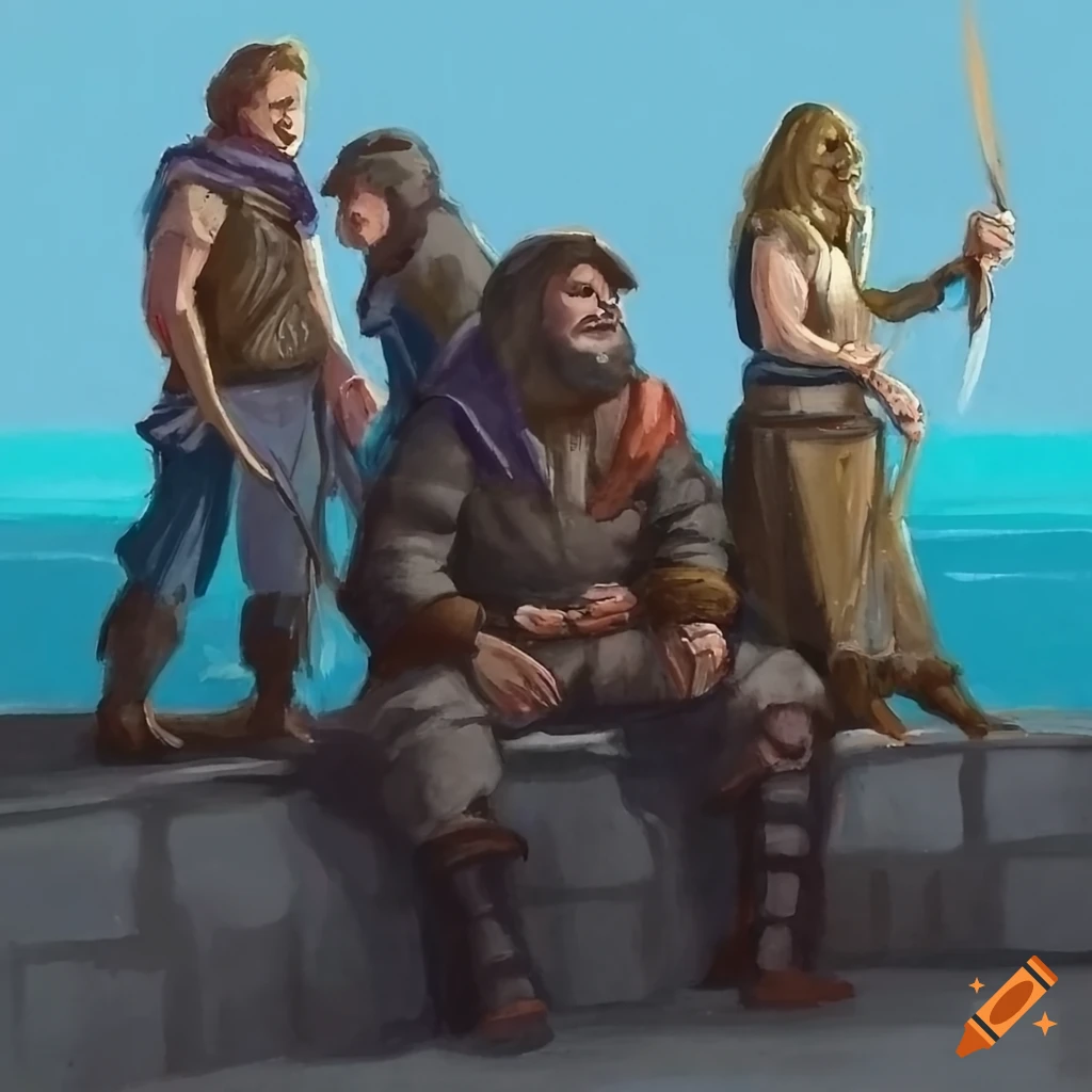 Four fantasy adventurers sitting in a town looking at the ocean on Craiyon