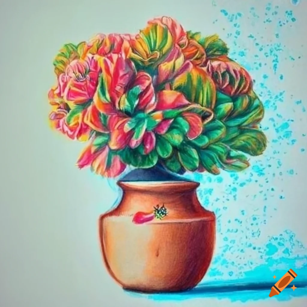 Beautiful potted plant in detailed colored pencil drawing on Craiyon