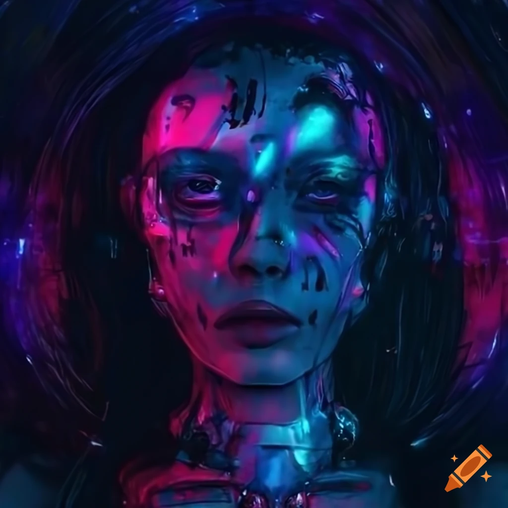 Cyborg goddess with human and cybernetic features in a dark cyberpunk ...
