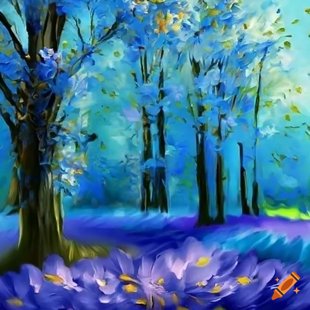 Blue flowers and trees in a serene botanical setting on Craiyon