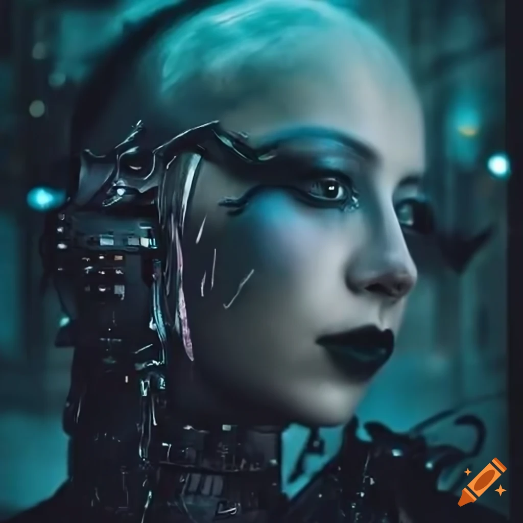 Female cyborg goddess in a dark cyberpunk cityscape on Craiyon