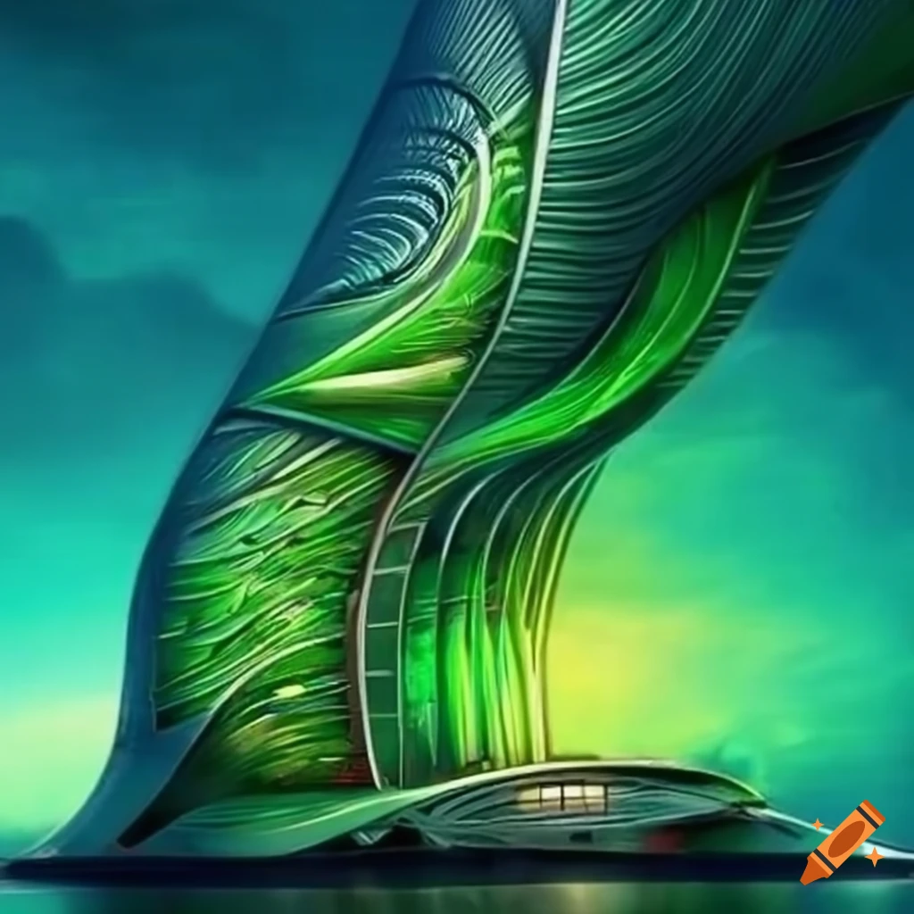 Futuristic architecture with muted green colors and metal structure in ...
