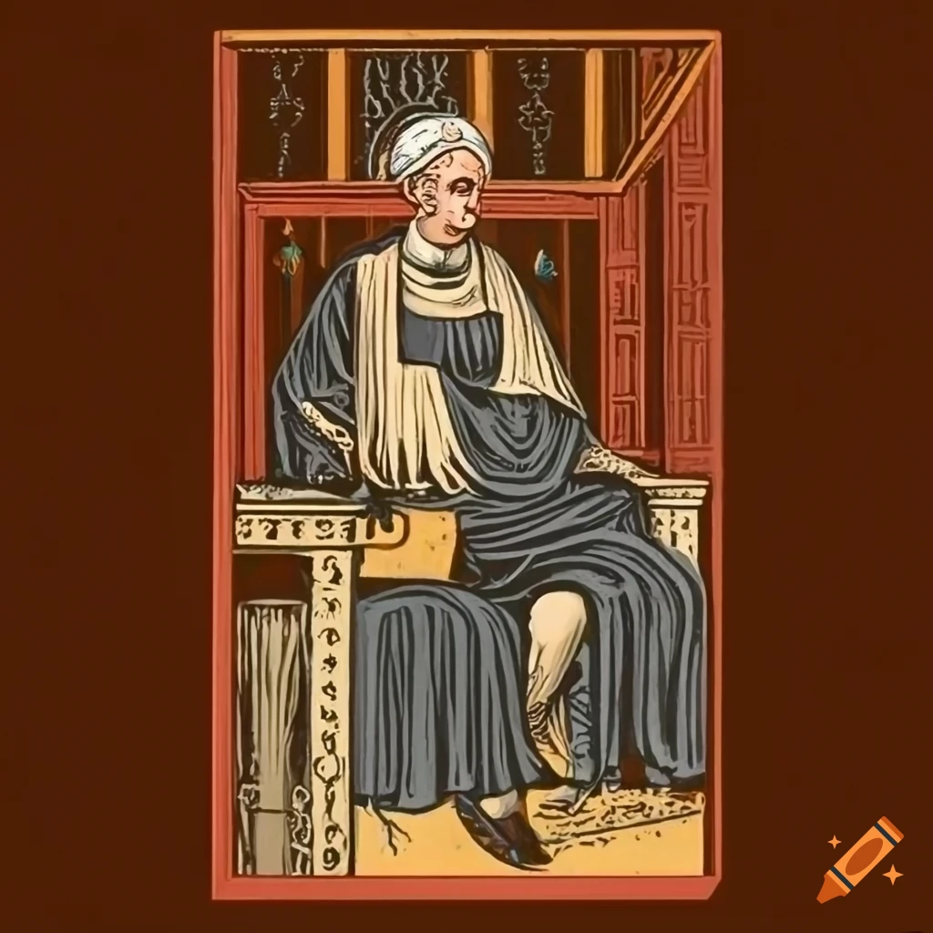 Medieval judge in court on a divinatory tarot card in woodcut style on ...