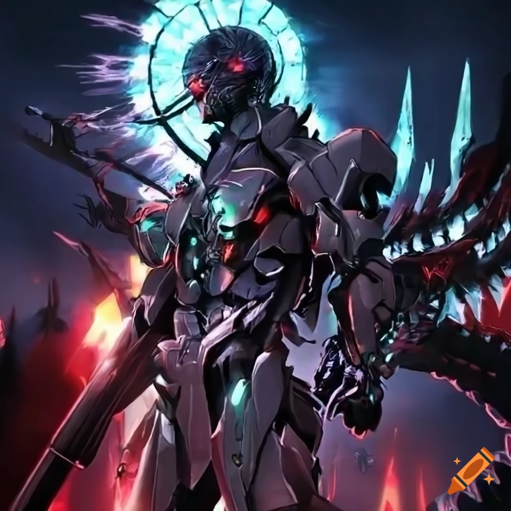 Mecha anime with religious symbolism and gun in a dark setting on Craiyon
