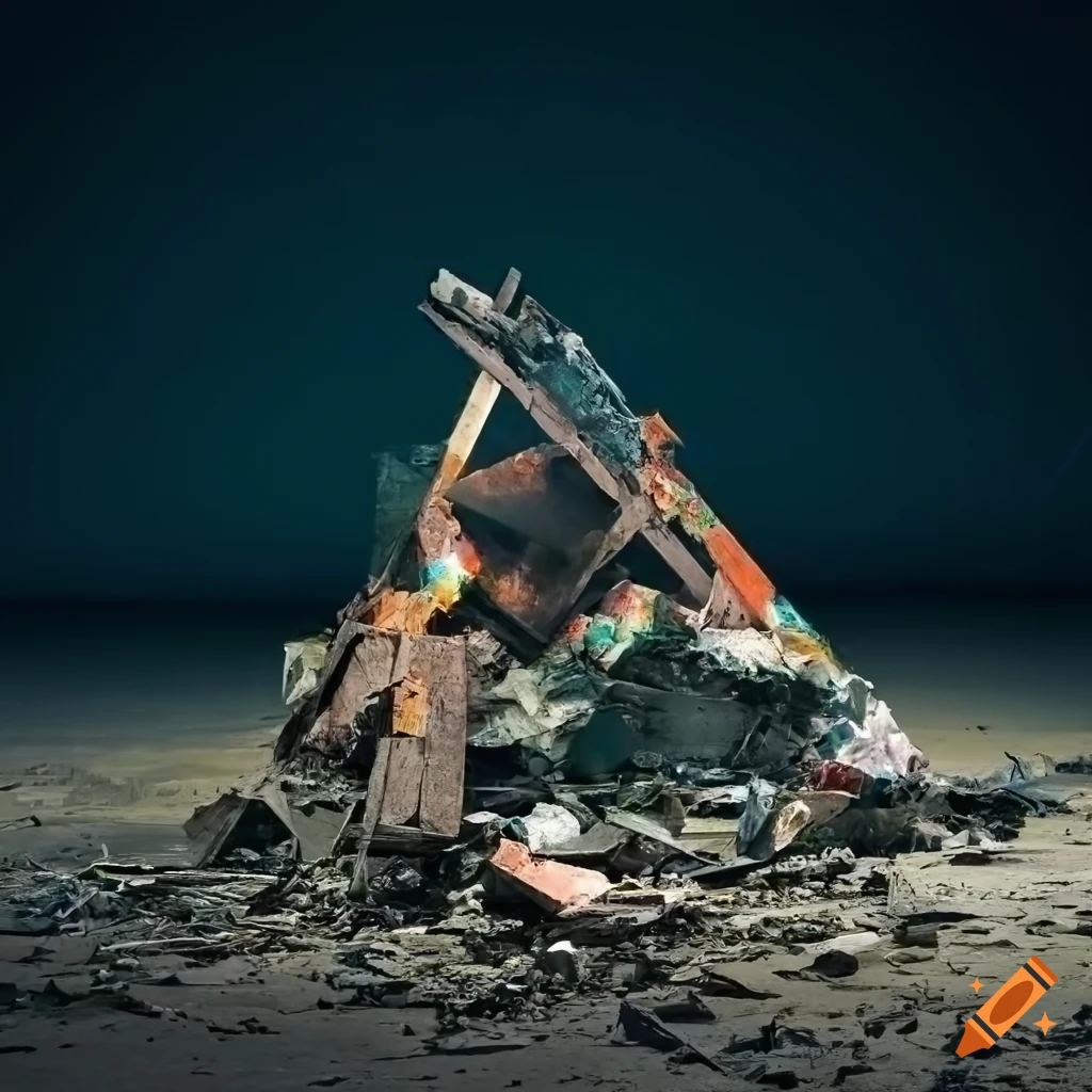 Destroyed altar in a post-apocalyptic junk landscape under soft color ...