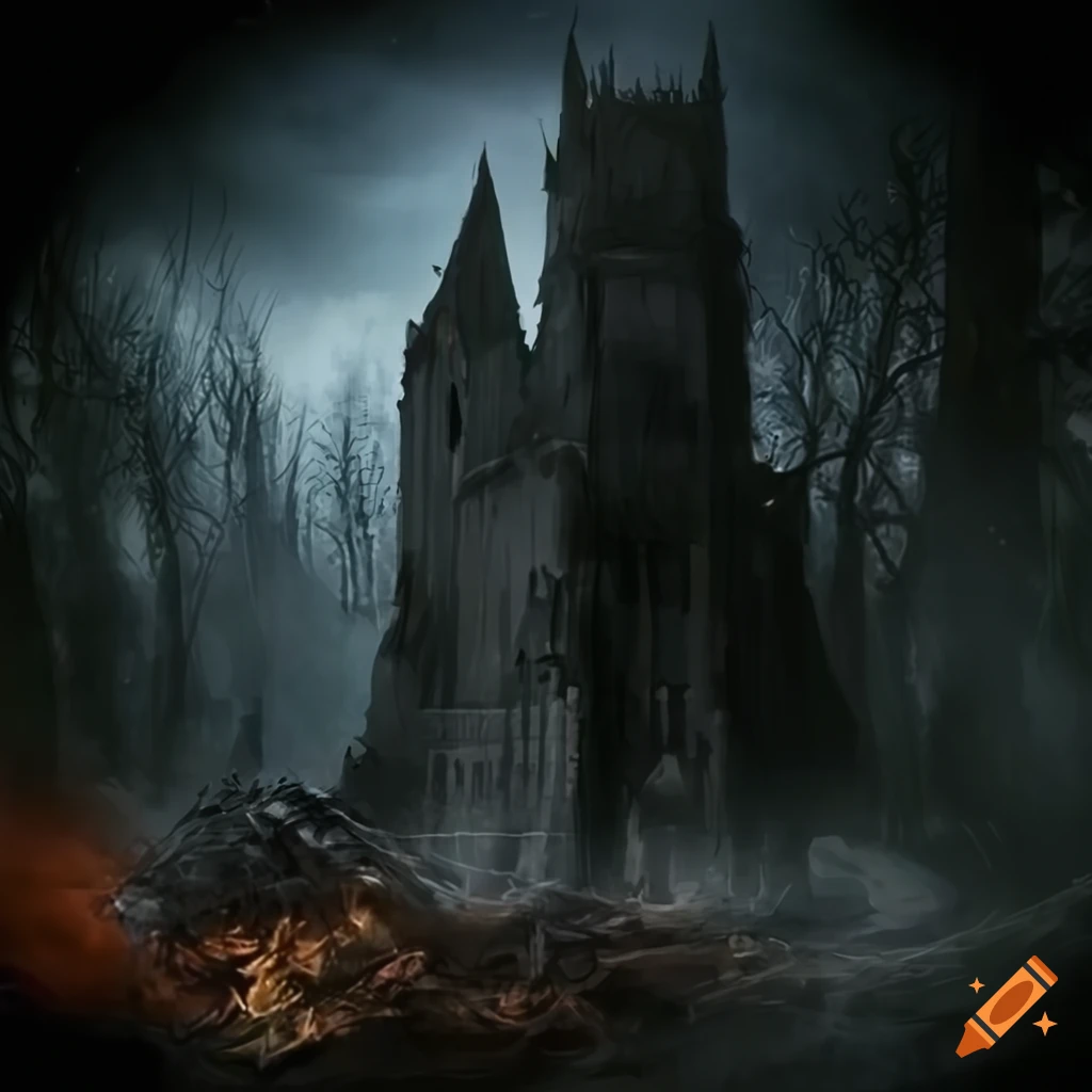 Big black tower of evil witch amidst debris in an epic concept art on ...