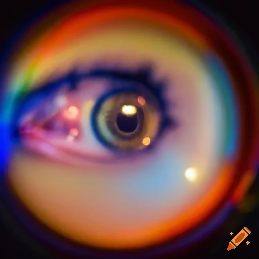 Boy's face in fish-eye lens surrounded by trippy lights on Craiyon