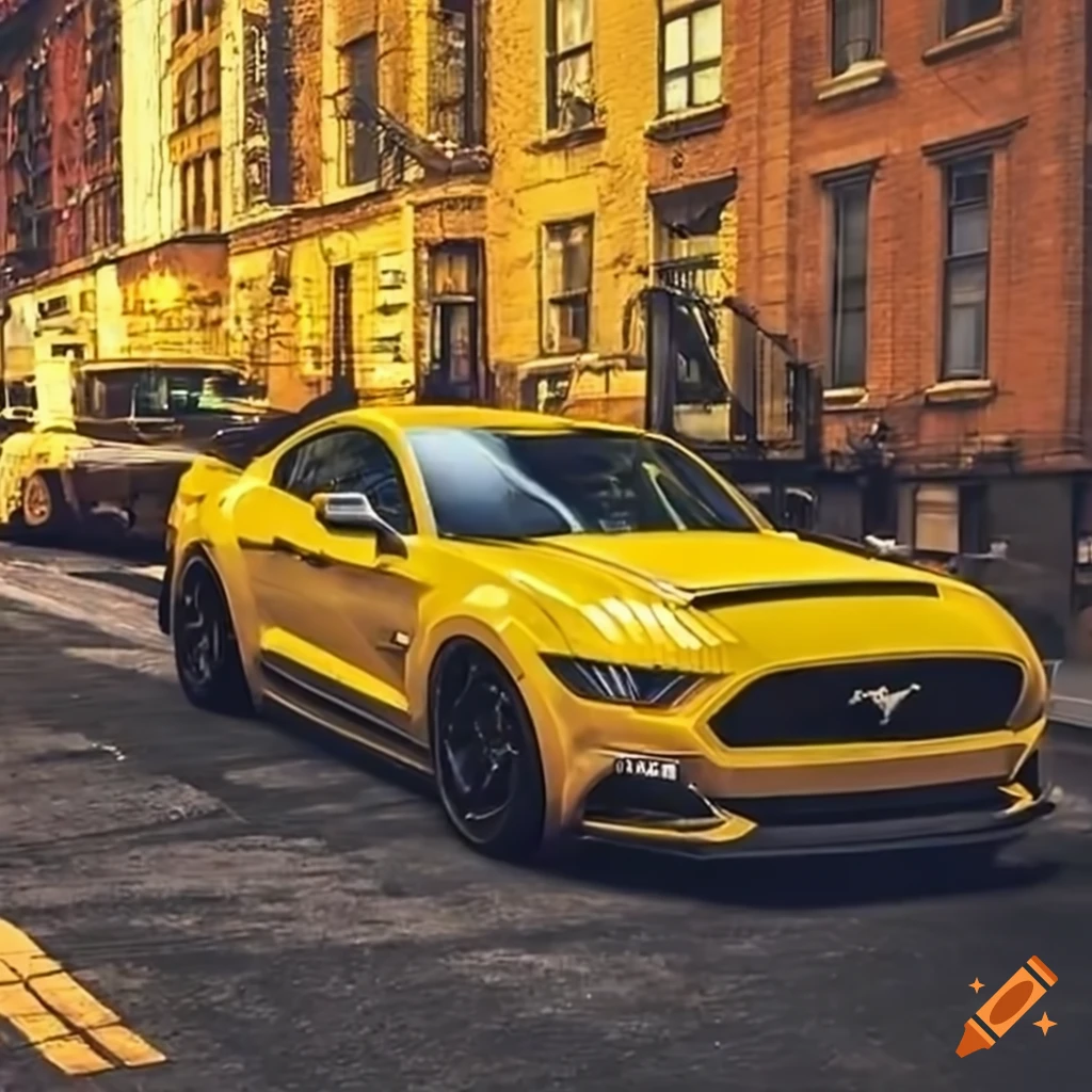 Yellow Ford Mustang on a New York Street on Craiyon