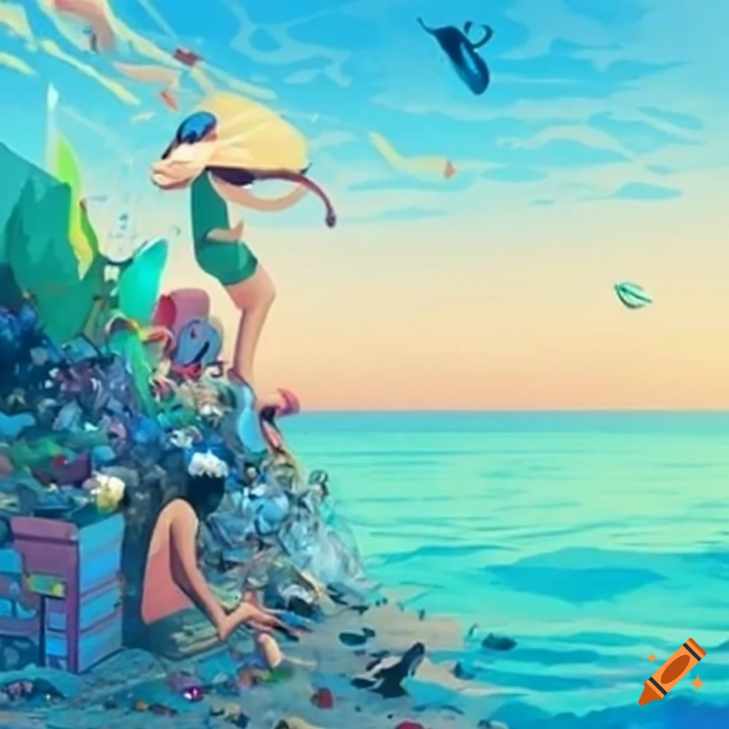 Beach polluted with trash everywhere on Craiyon