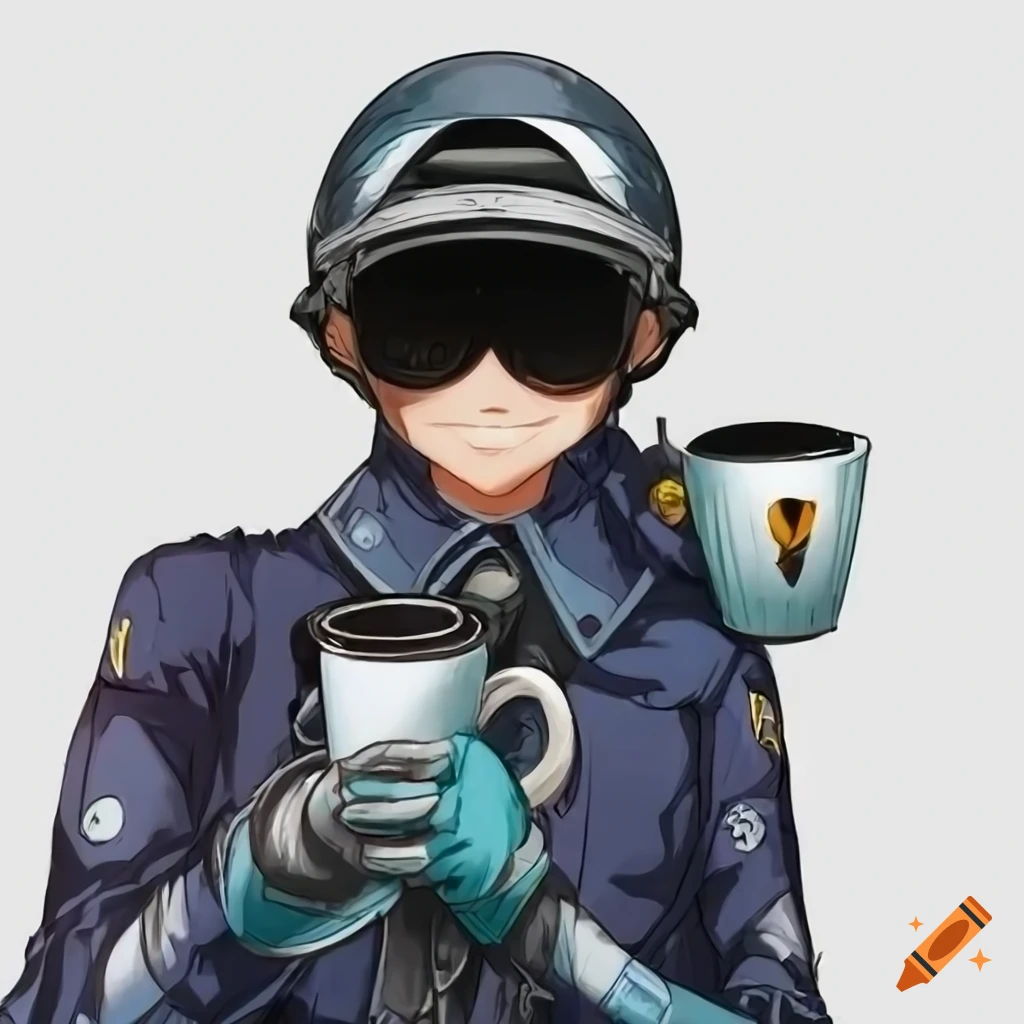 Anime motorcyclist cop with helmet holding coffee cup on Craiyon