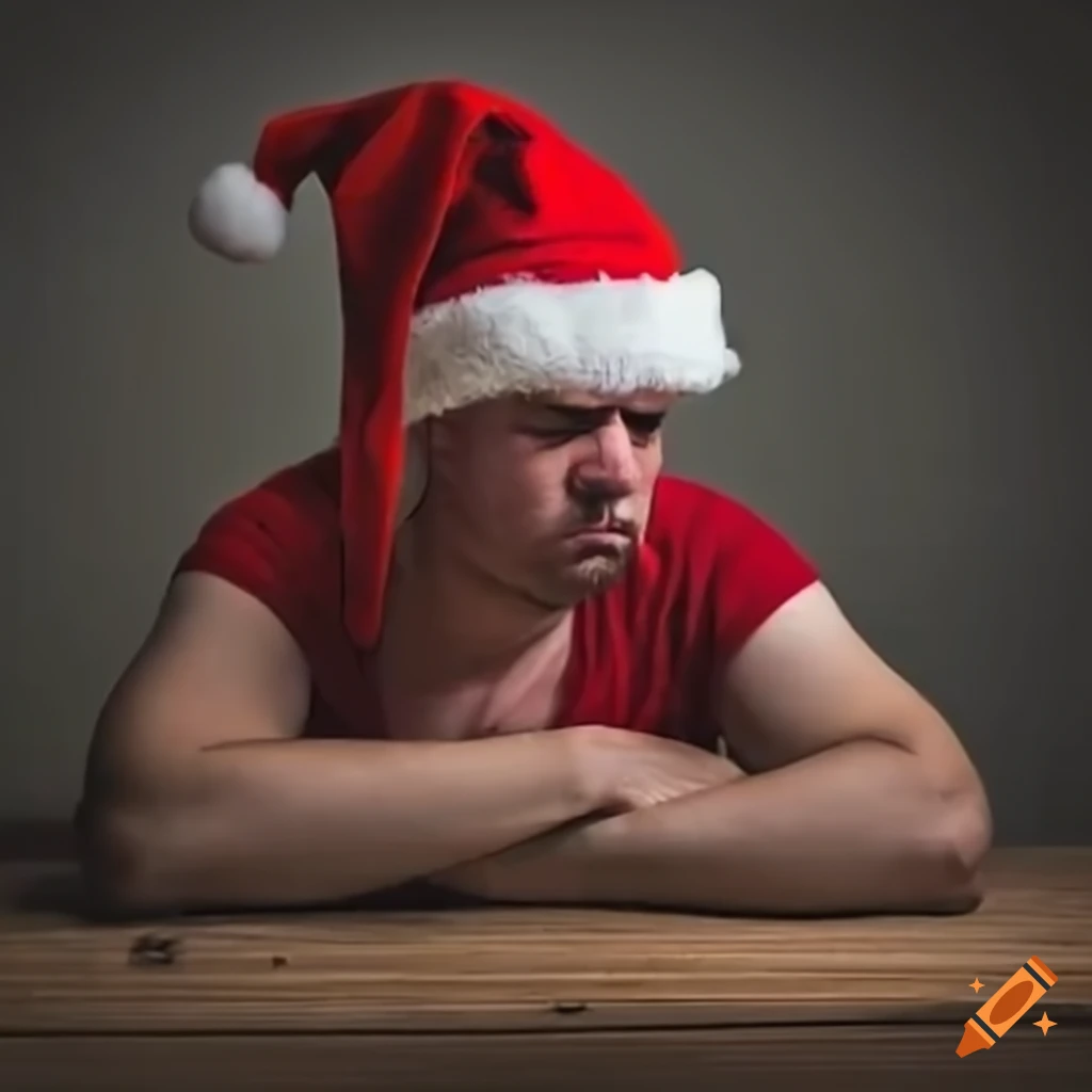 Tired man wearing a battered Santa-Cap on Craiyon