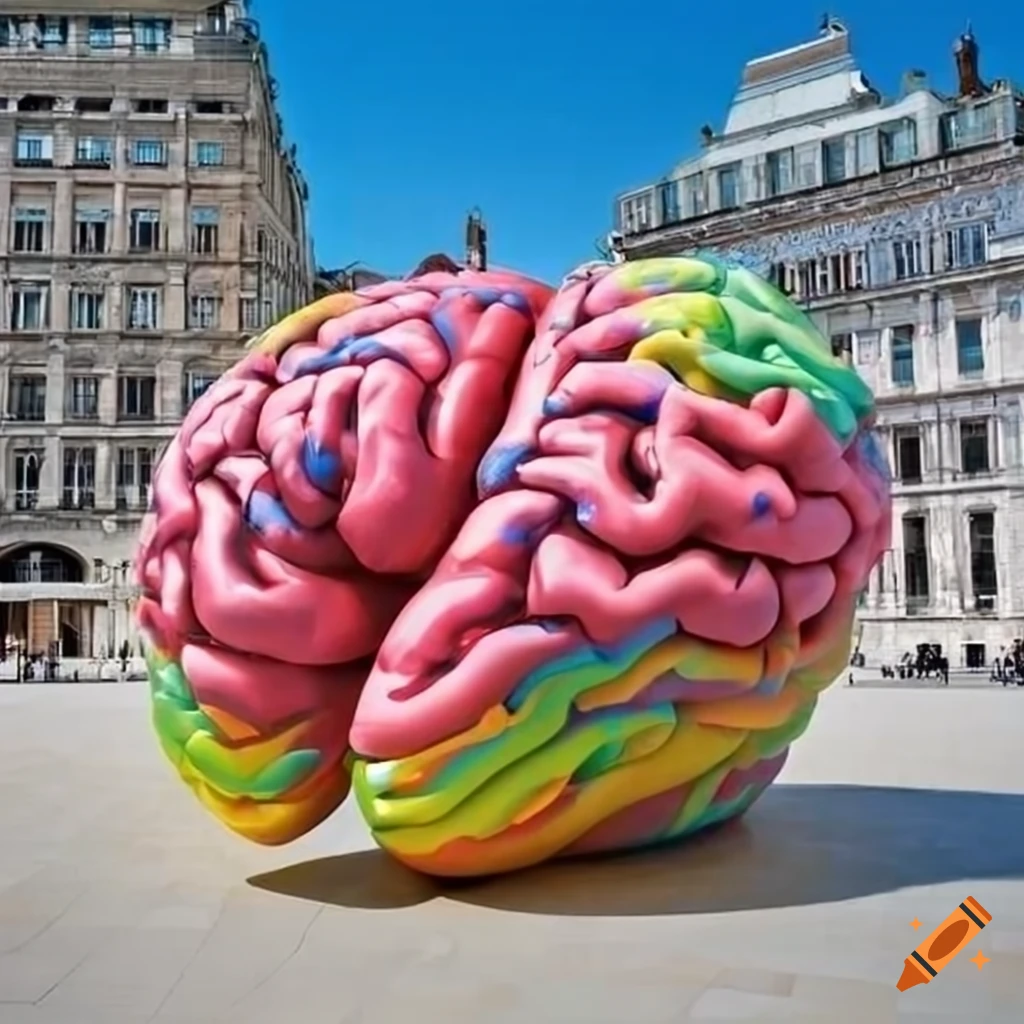 Colorful inflatable brain sculpture in a public square inspired by ...