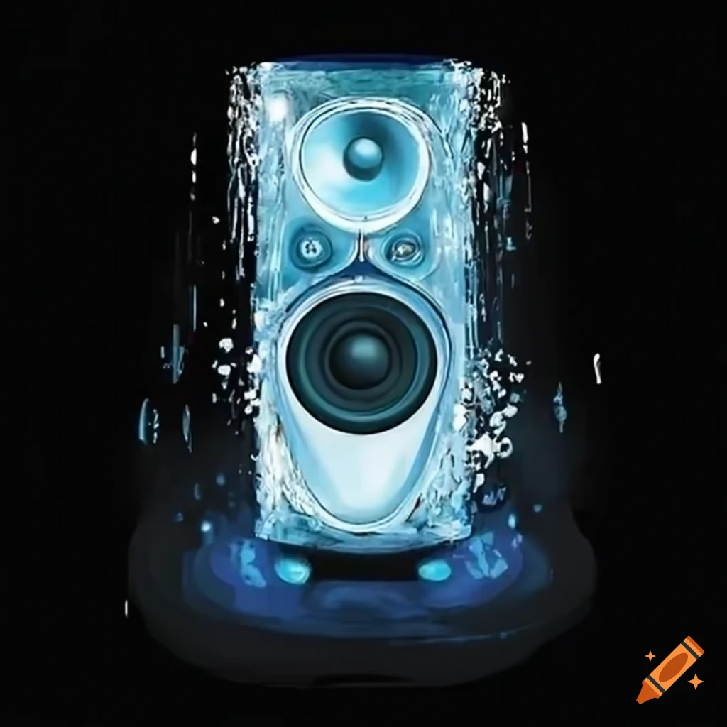 High-tech speaker system filled with crystal-clear water on Craiyon