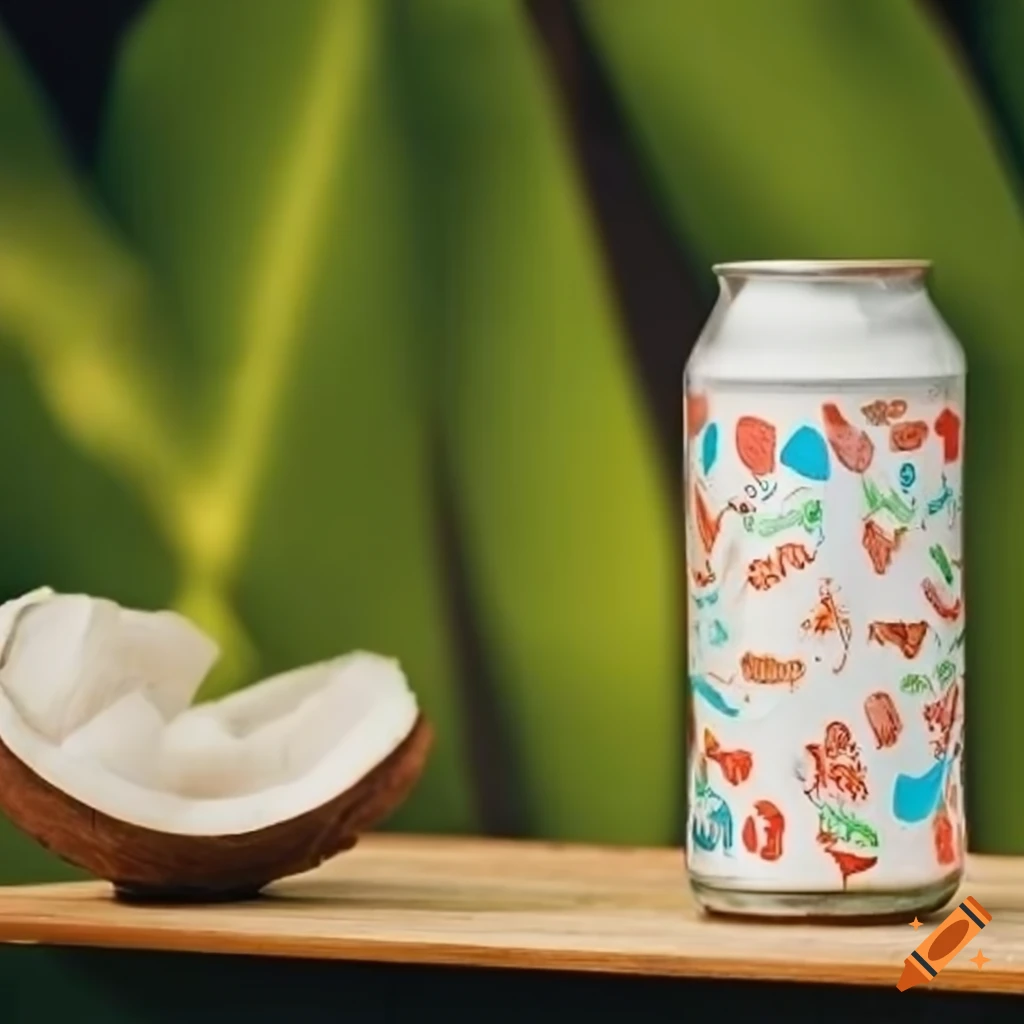 King Coco beverage can surrounded by green coconuts on a table on Craiyon
