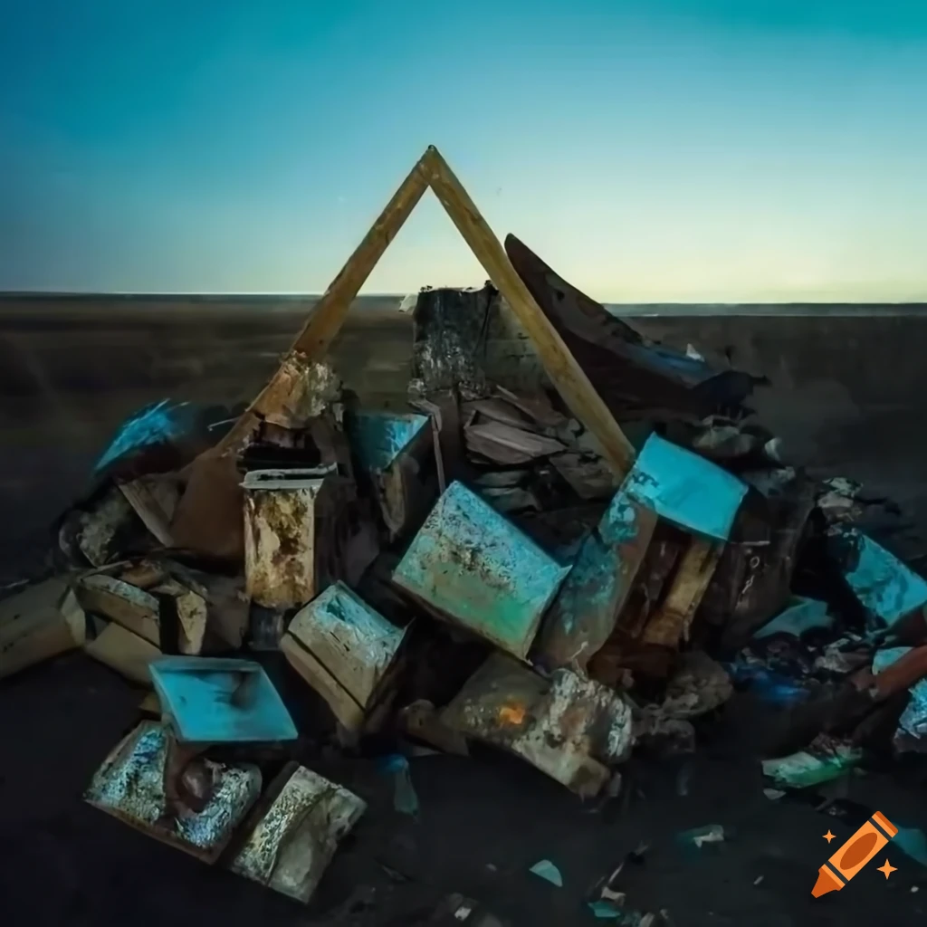 Destroyed altar in a post-apocalyptic landscape under a soft colored ...