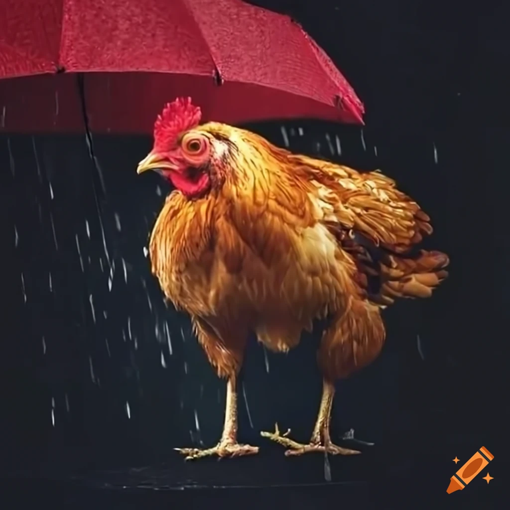 Chicken under colorful umbrella in heavy rain on Craiyon