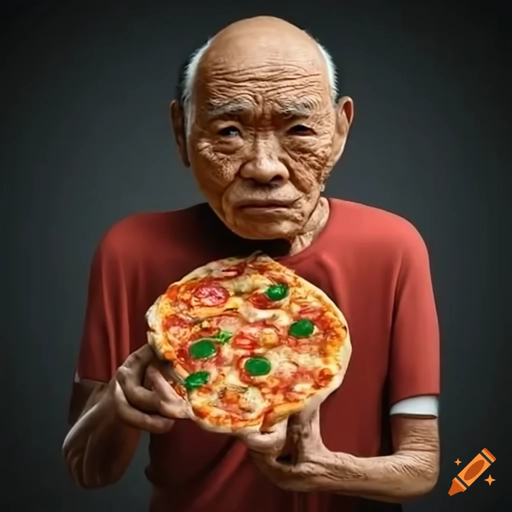 Sad Asian man surrounded by pizzas without meat on Craiyon