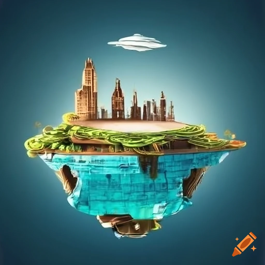 Floating land with buildings and a taxi on Craiyon