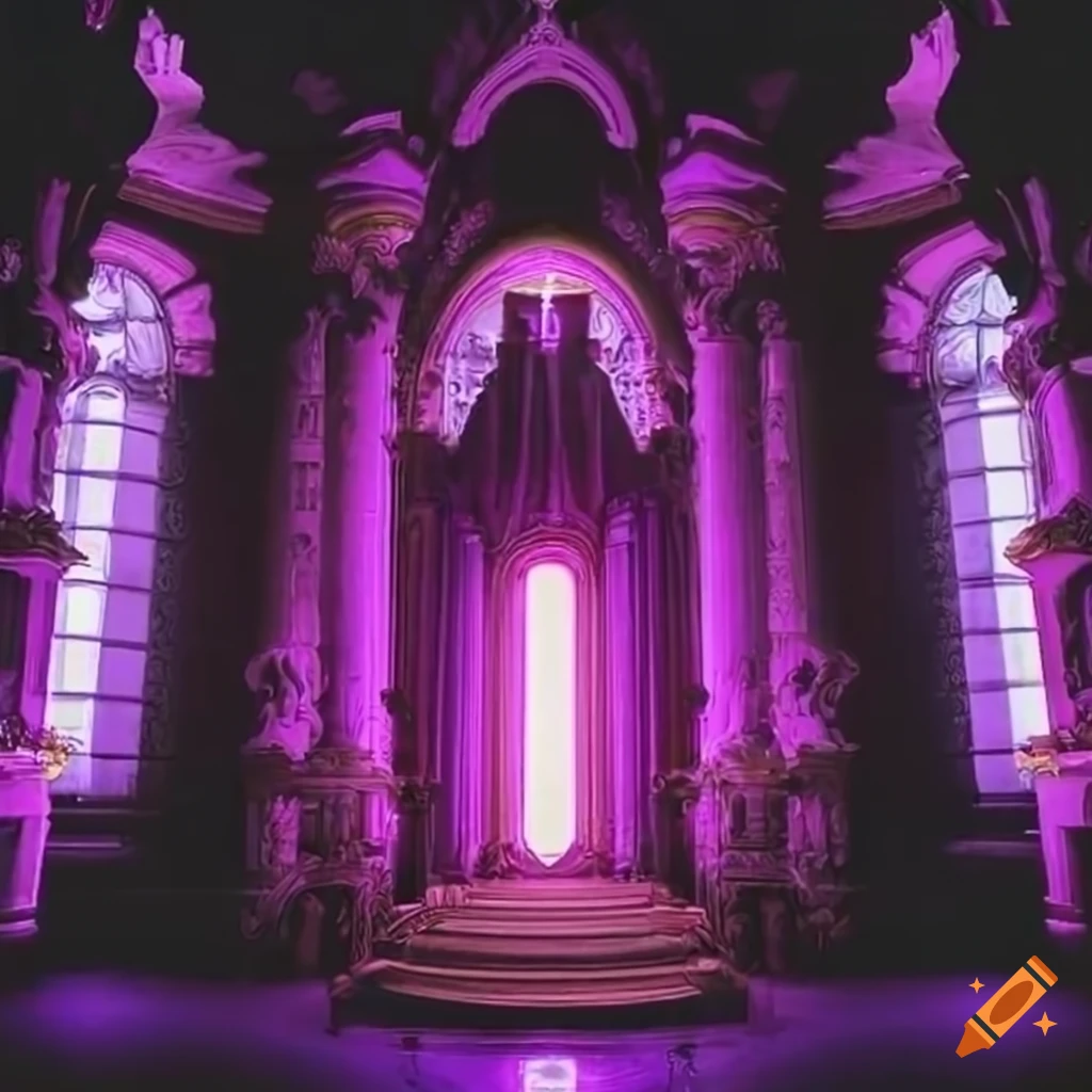 Purple throne room with pillars and stained glass windows in a spacious ...