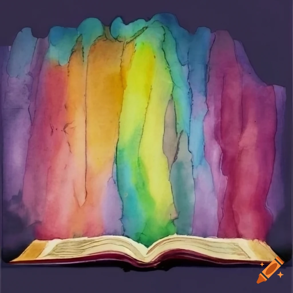Rainbow colored bible in watercolor painting on Craiyon