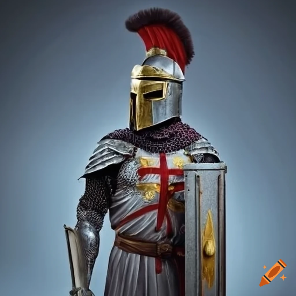Christian crusader knight in spartan helmet with roman centurion shield ...