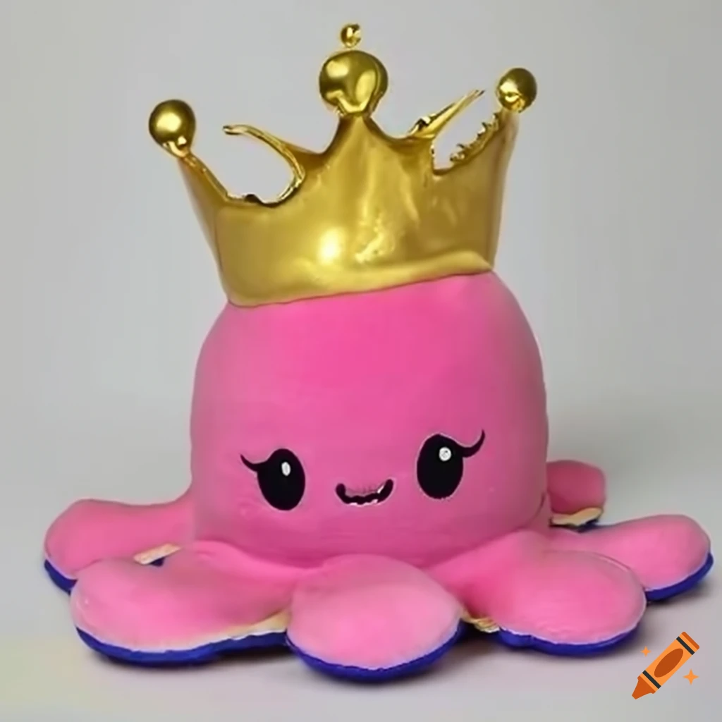 Angry pink reversible octopus toy with a gold crown on Craiyon
