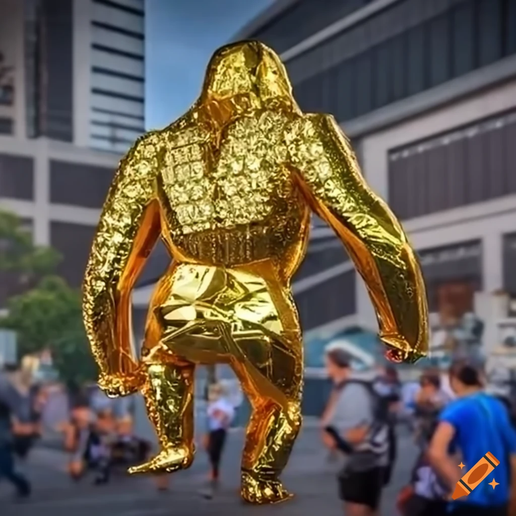 Gold statue of dancing gorilla in city square on Craiyon