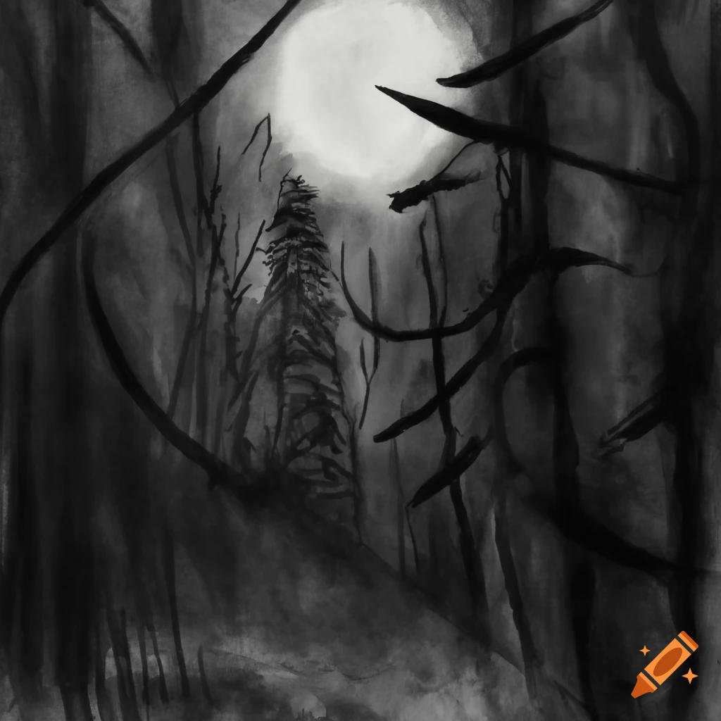 Luminous forest landscape at night in charcoal drawing on Craiyon