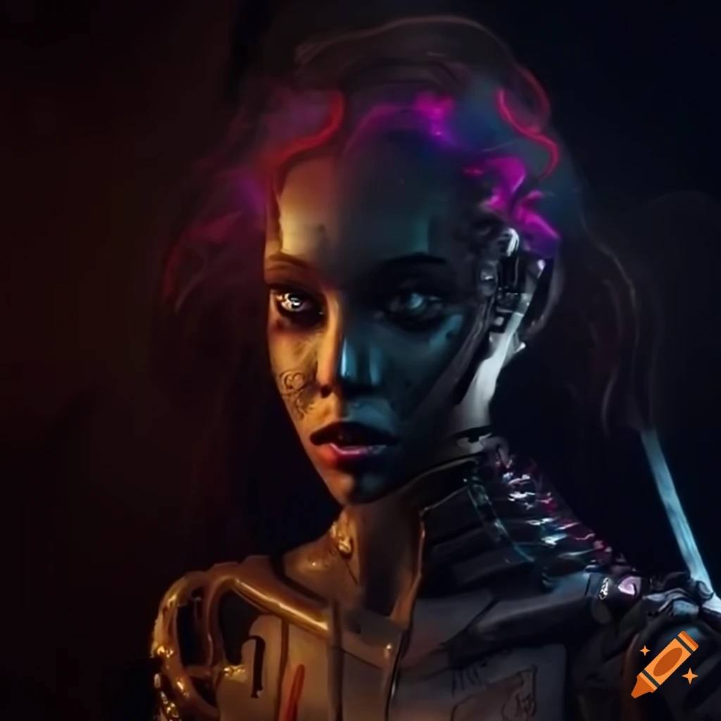 Female cyborg goddess blending human features with cybernetic in a ...