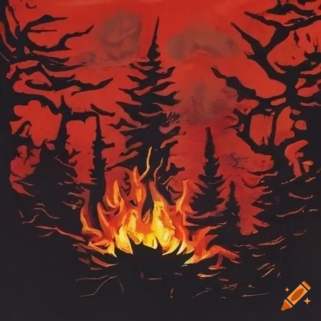 Burning trees depicted in a woodcut print on Craiyon