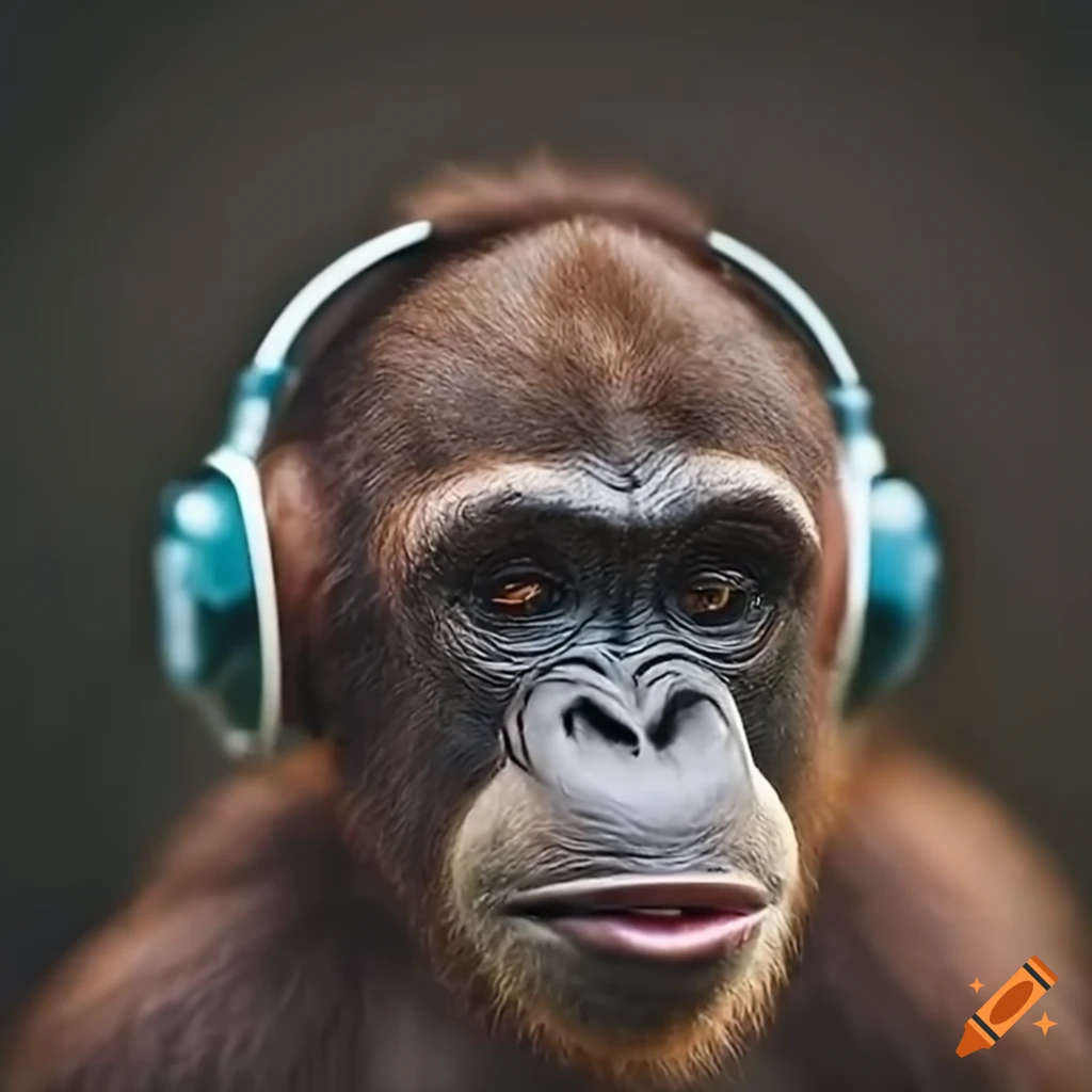 Playful apes wearing headphones sharing a moment on Craiyon