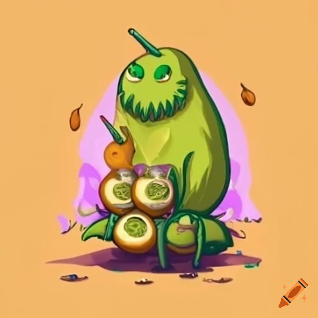 Scene with mythical creatures and mutant omega mart lemon fruit monster ...