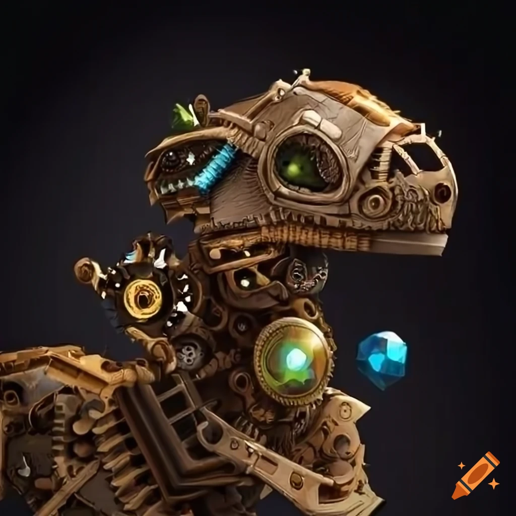 Mechanical steampunk raptor with magical gems and a saddle on Craiyon