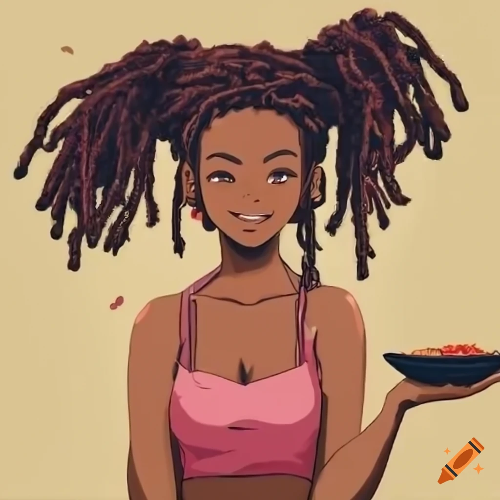 Smiling woman with dreadlocks holding a plate of food in anime style on ...