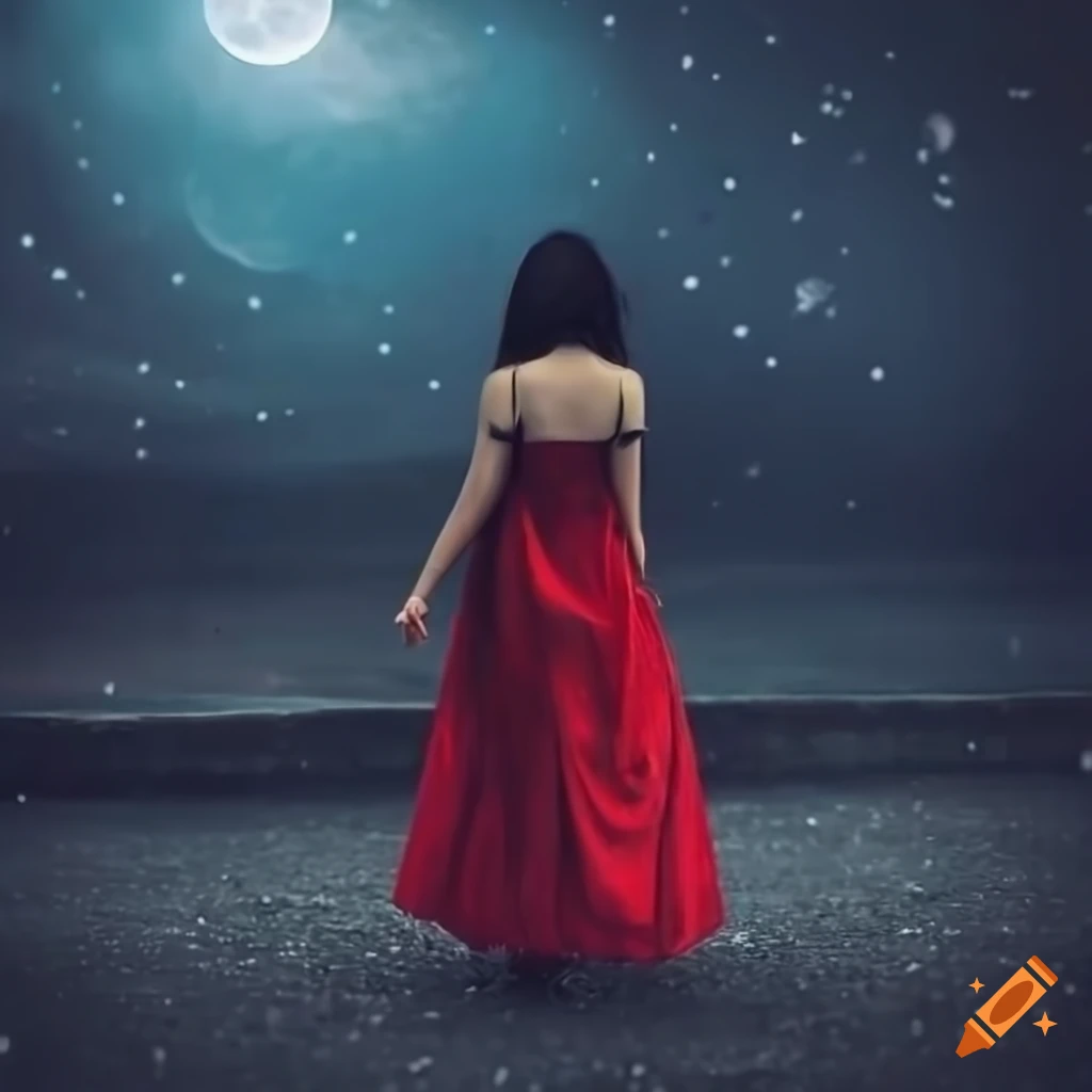 Girl in red dress walking under a sky with multiple moons on Craiyon