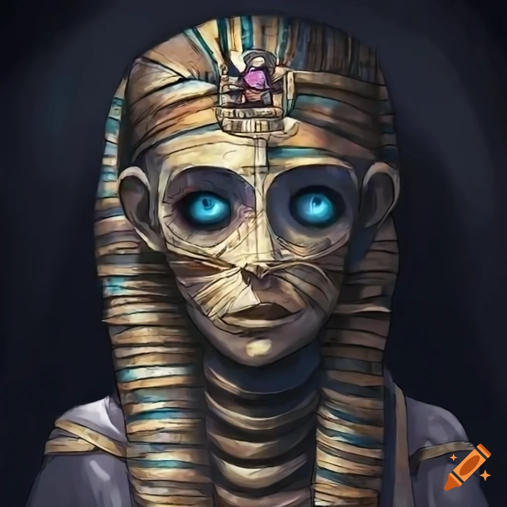 Mysterious egyptian mummy with glowing eyes in an anime style portrait ...