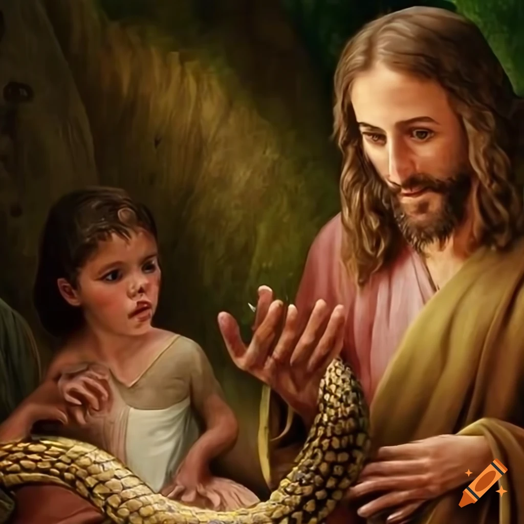 Jesus saving snake children in a photorealistic hd portrayal on Craiyon