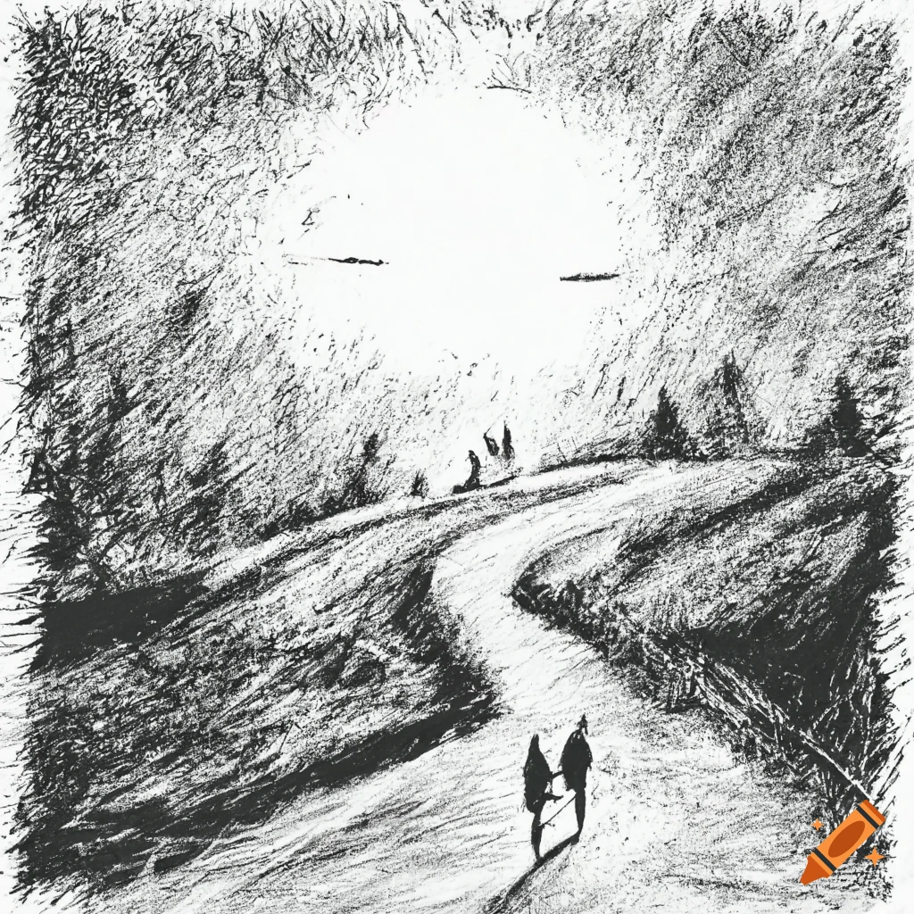 Landscape drawing of hills, forest, and sun with an old man on a path ...