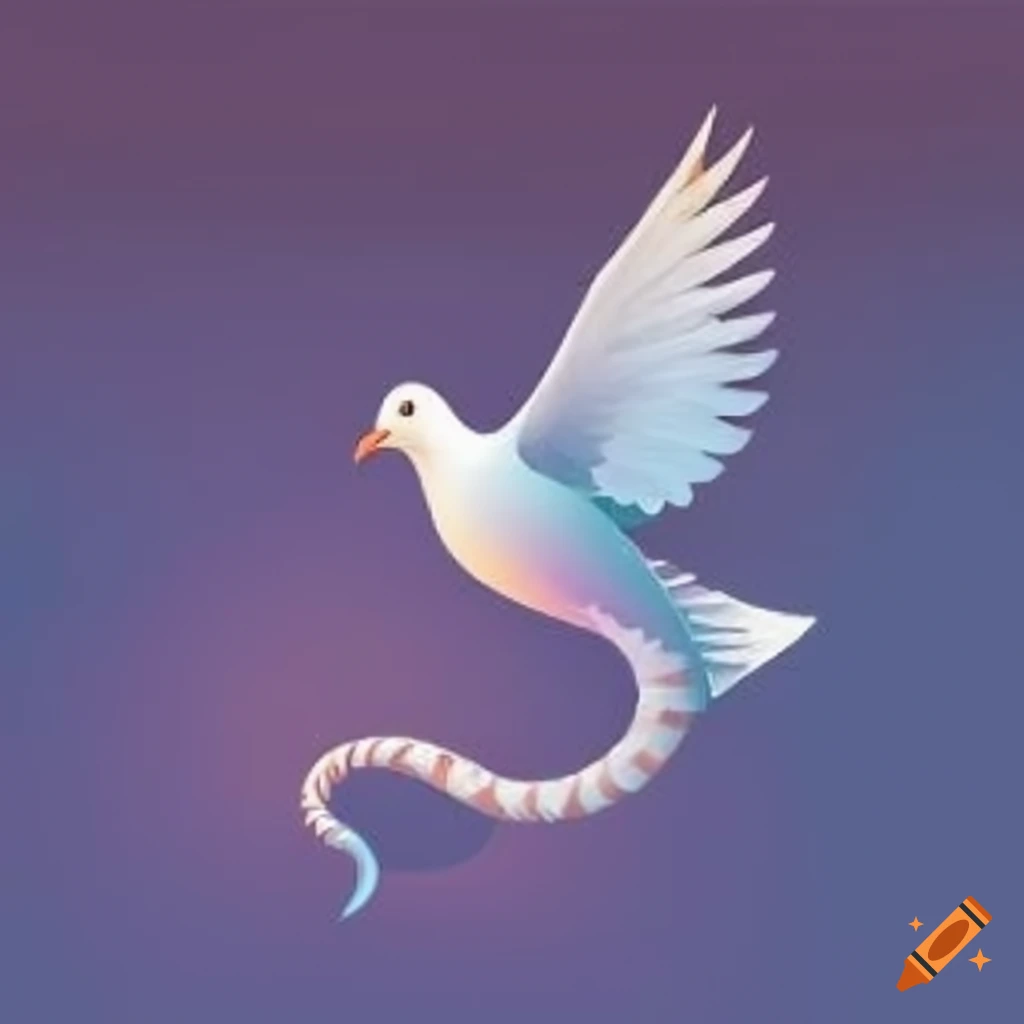 White dove flying with coiled snake joined by tails in a logo design on ...