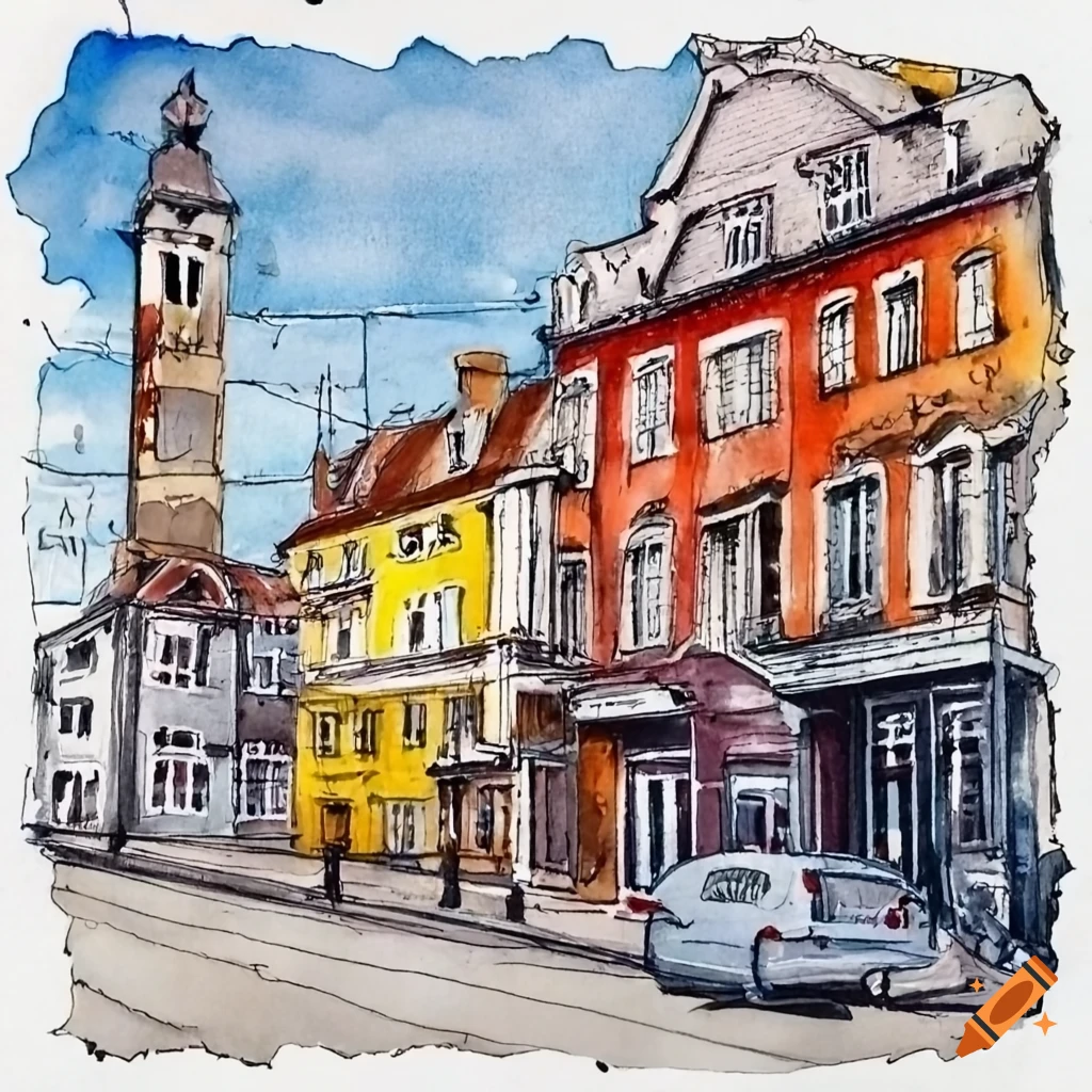 Ink drawing of a street scene in photorealistic style on Craiyon