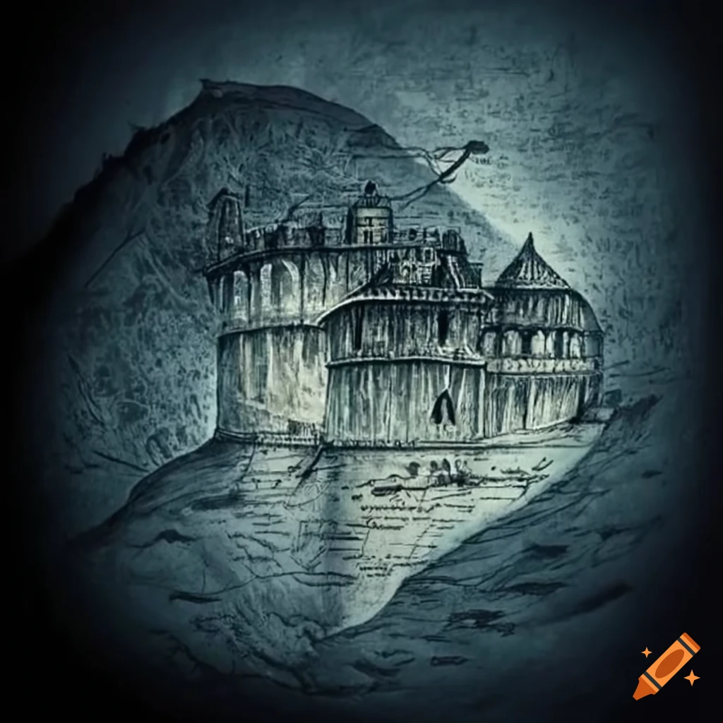 Ancient pencil-drawn map showing a fort on a mountain summit on Craiyon