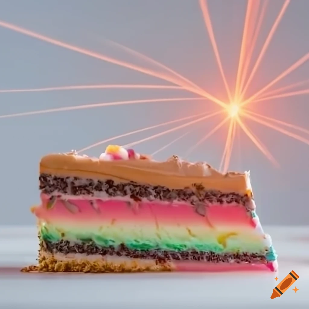 Laser hitting a colorful piece of cake on a white background on Craiyon