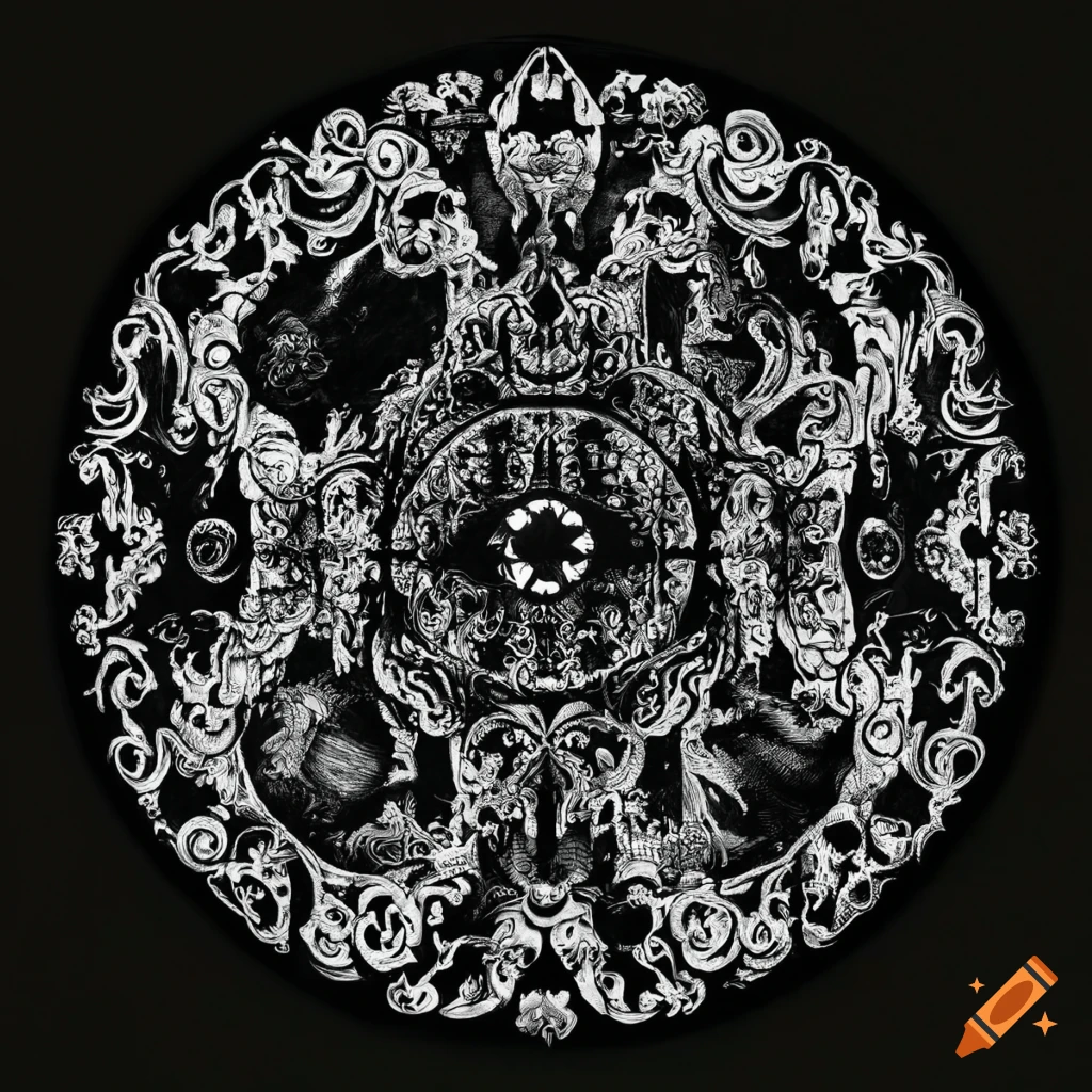 Surreal occult poster with intricate intertwined symbols and designs on ...